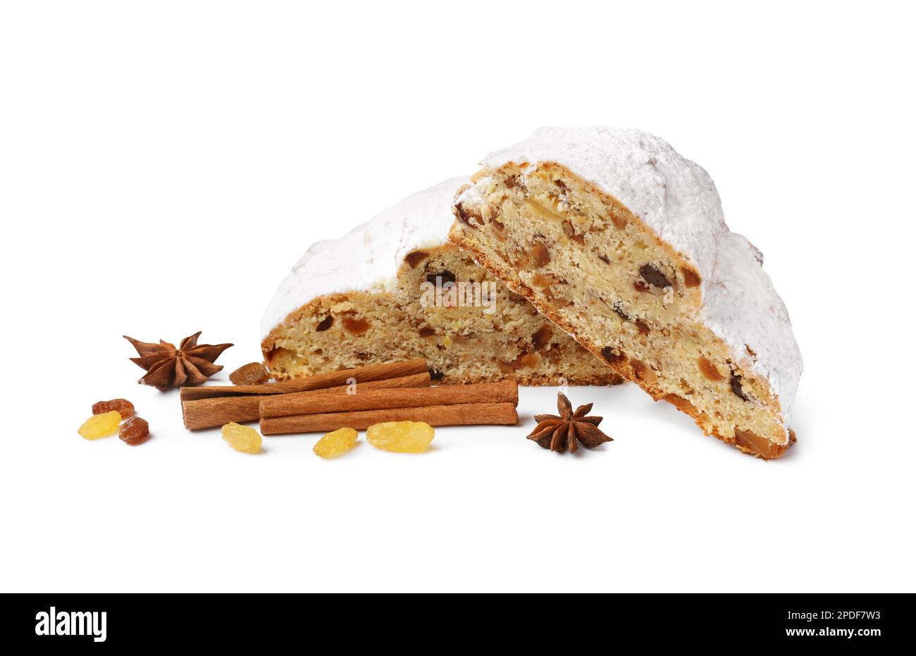 Cut delicious Stollen sprinkled with powdered sugar and ingredients on ...