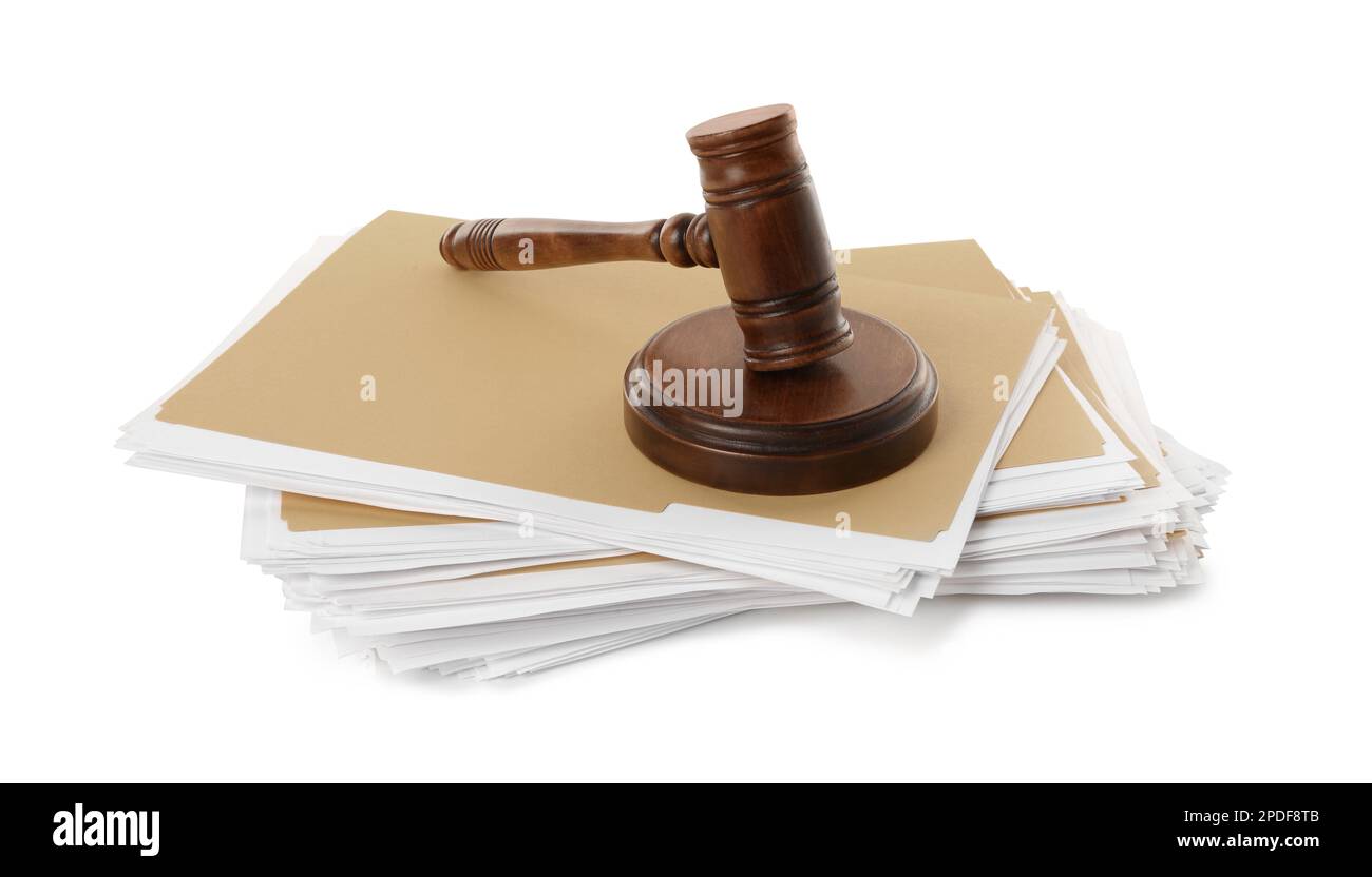 Yellow files with documents and wooden gavel on white background Stock ...