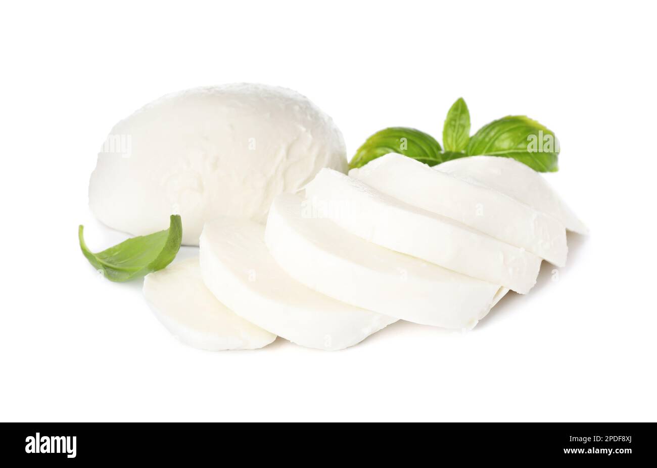 Delicious mozzarella cheese slices and basil on white background Stock ...