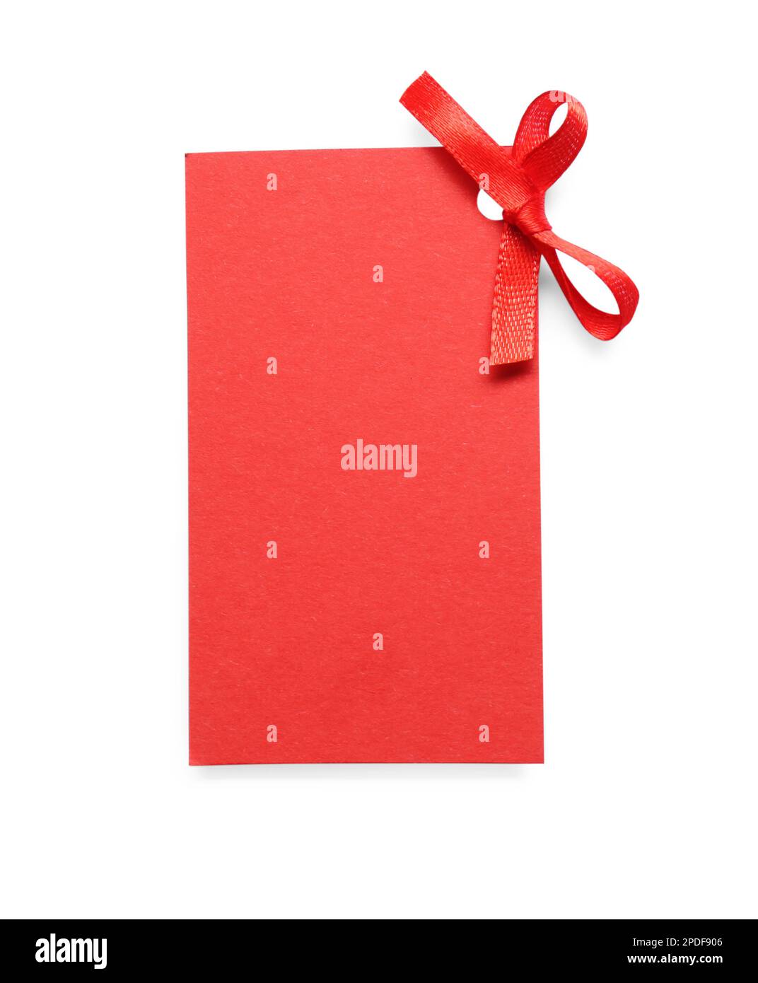 Blank red gift tag with satin ribbon on white background, top view ...