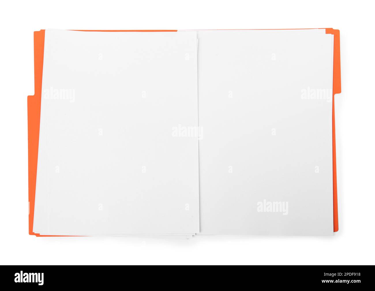 Orange file with blank sheets of paper isolated on white, top view ...