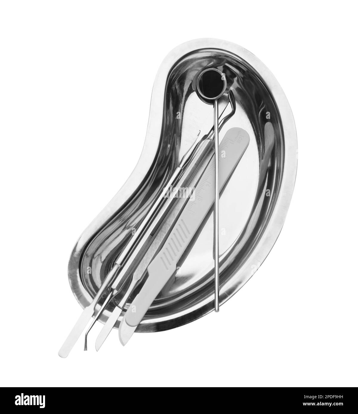 Kidney shaped tray with set of dentist's tools isolated on white, top ...
