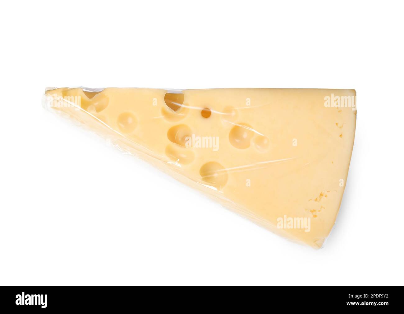 Cheese wrapped with transparent plastic stretch film isolated on white ...