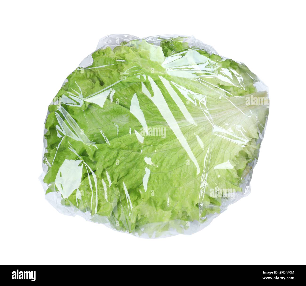 Fresh lettuce wrapped with transparent plastic stretch film isolated on ...