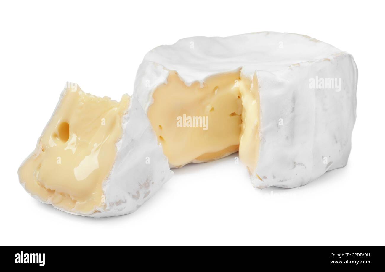 Tasty cut brie cheese on white background Stock Photo - Alamy