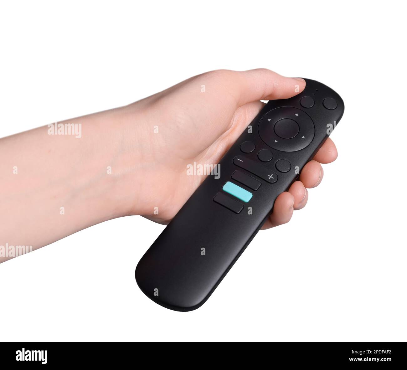 Woman holding TV remote control on grey background, closeup. Space for ...
