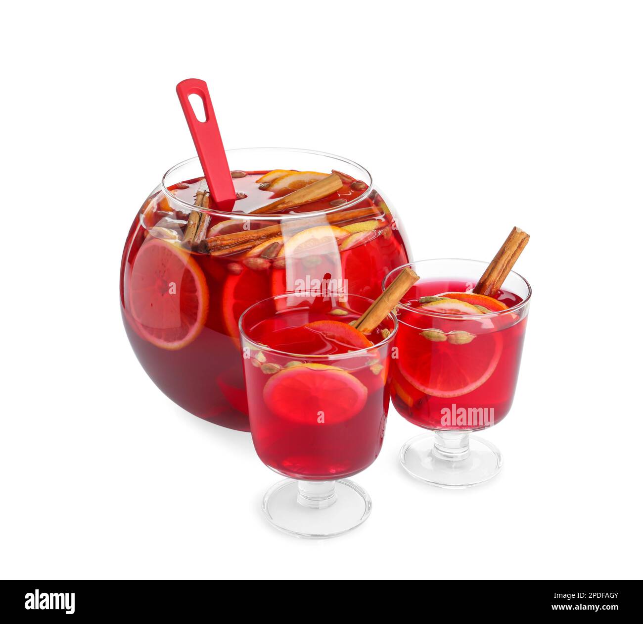 Glasses and bowl with aromatic punch drink isolated on white Stock ...