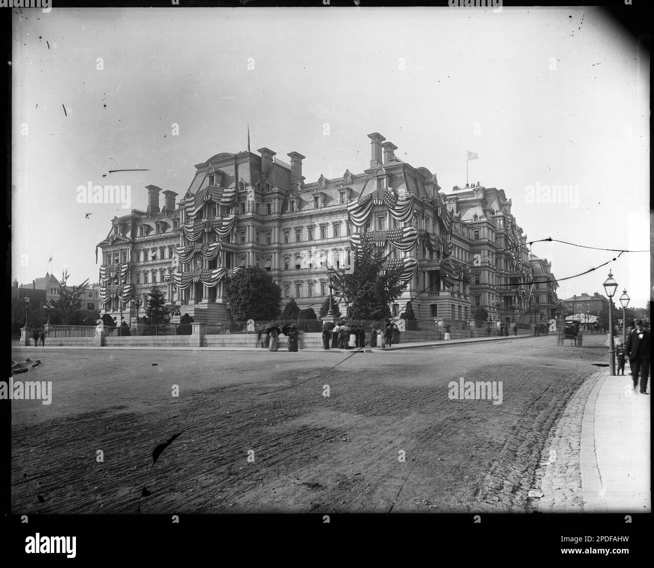 State, War & Navy Building decorated with flags, from south, in the ...