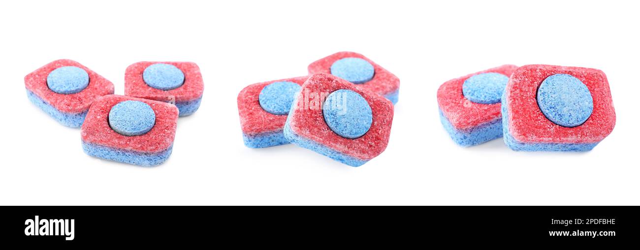 Set with dishwasher detergent tablets on white background. Banner design Stock Photo - Alamy