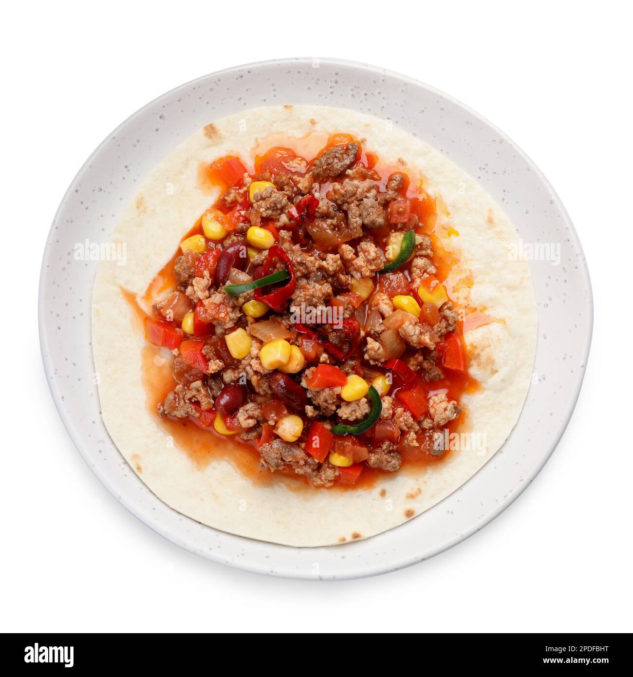 Tasty chili con carne with tortilla on white background, top view Stock ...