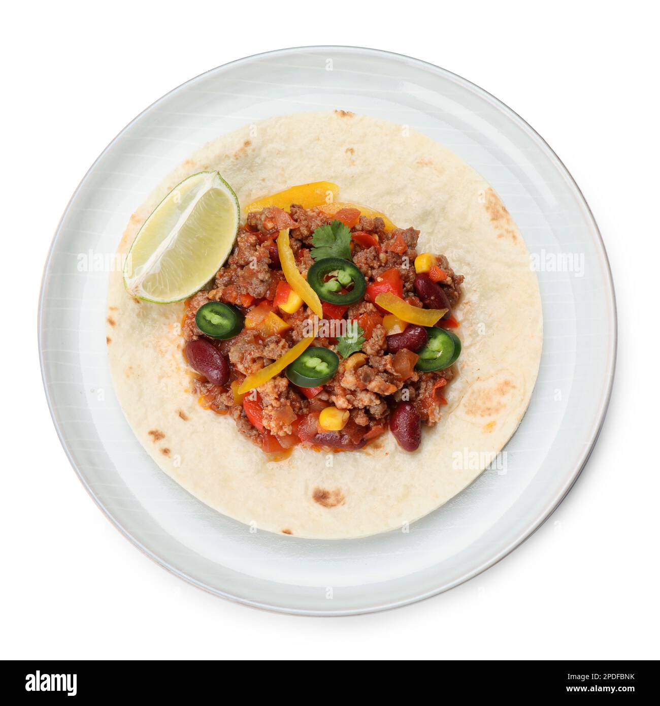 Tasty chili con carne with tortilla on white background, top view Stock ...