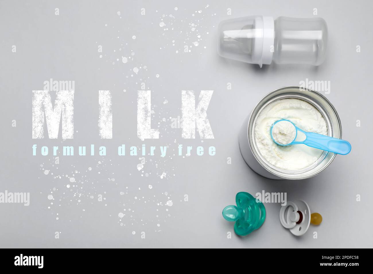 Flat lay composition with powdered dairy free infant formula on light ...