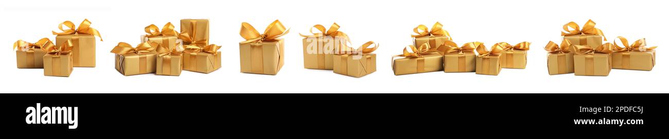 Set with beautiful gift boxes on white background. Banner design Stock ...