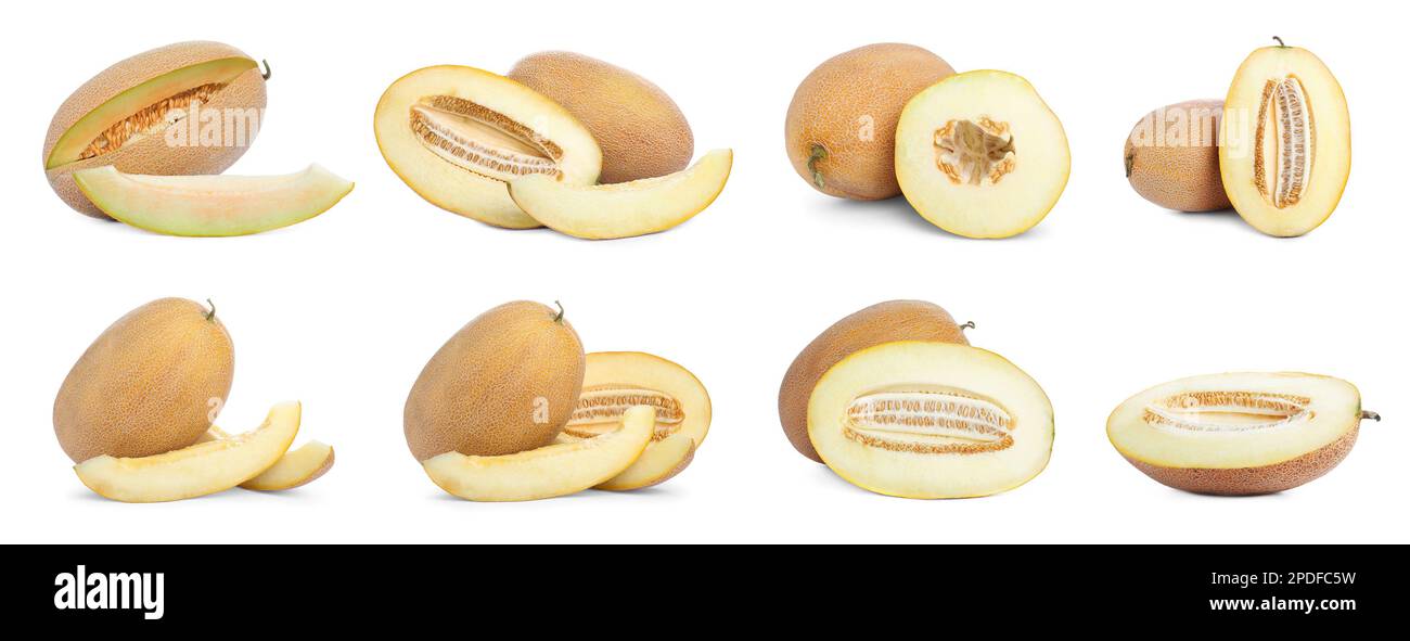 Set with delicious ripe melons on white background. Banner design Stock ...
