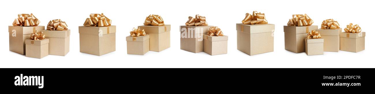 Set with beautiful gift boxes on white background. Banner design Stock ...