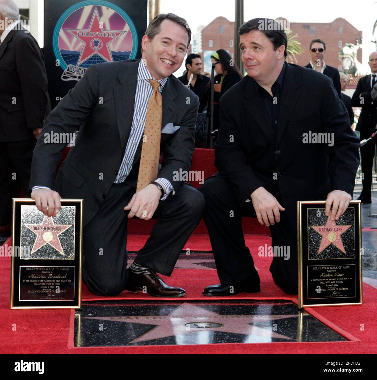 Matthew Broderick, left, and Nathan Lane pose with their plaques after ...