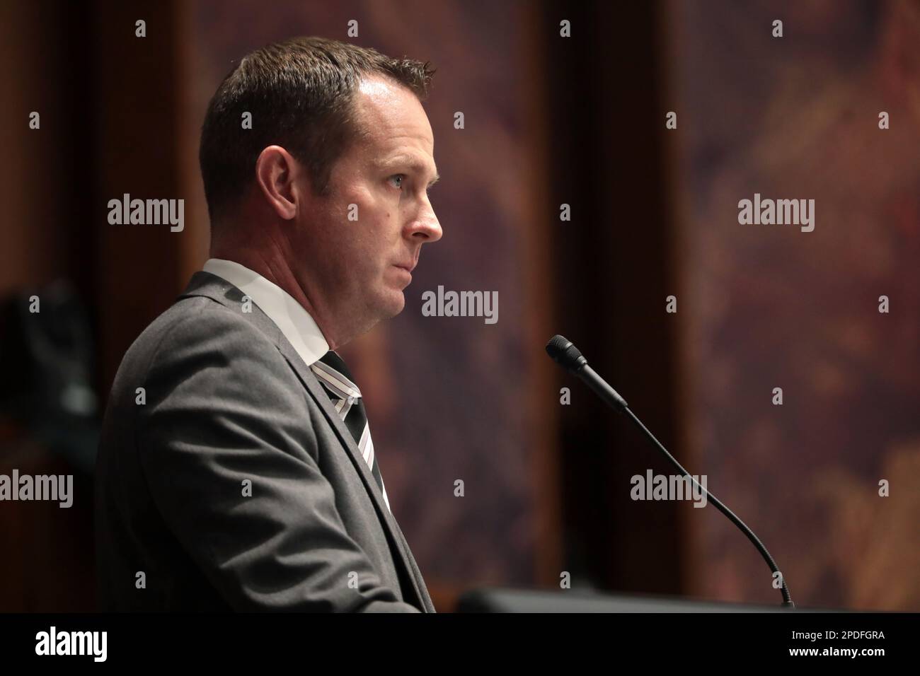Phoenix, Arizona, USA. 14th Mar, 2023. Arizona State Representative Travis Grantham speaks on ...