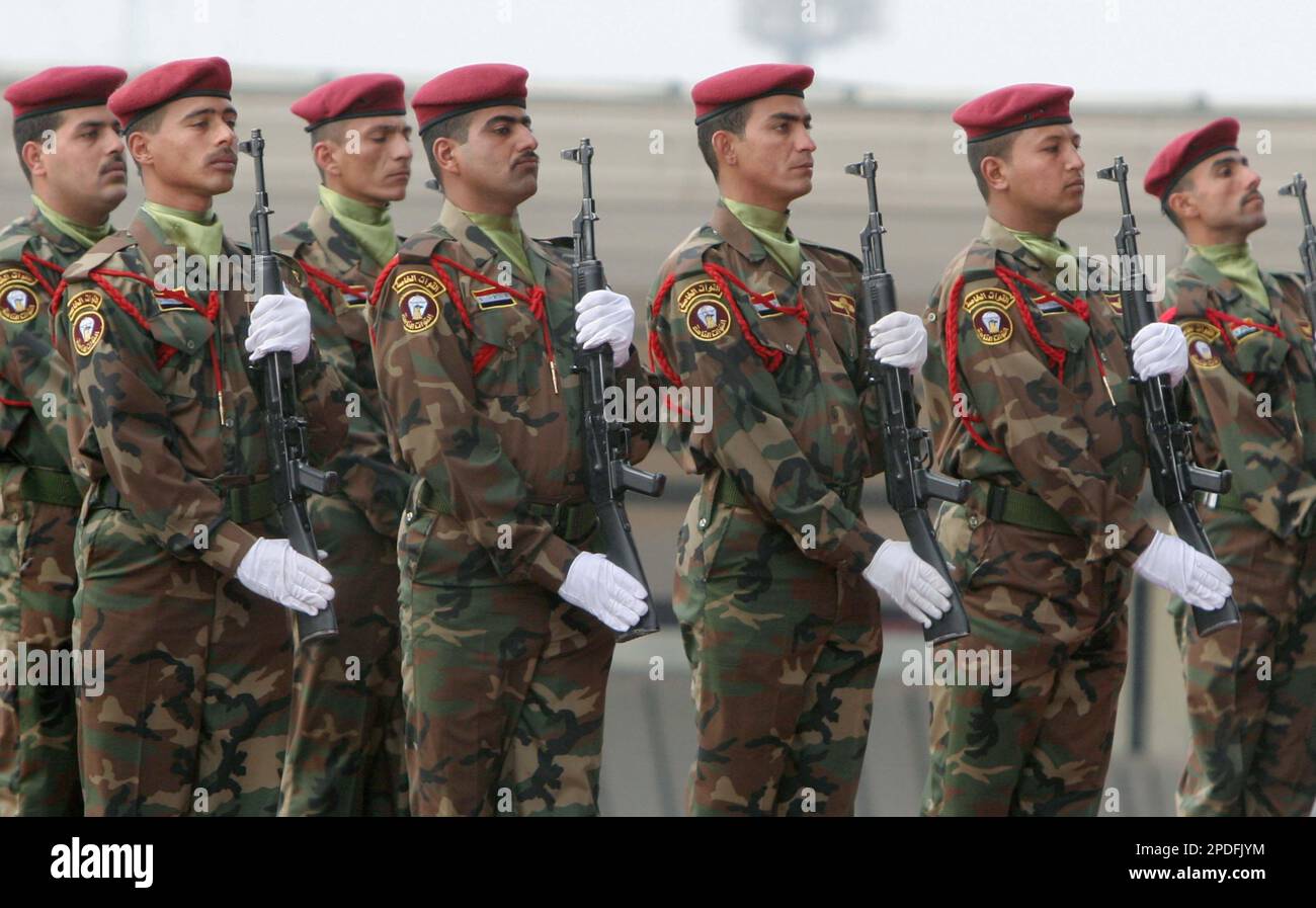 Iraqi soldiers march during the 85th commemoration of the founding of ...