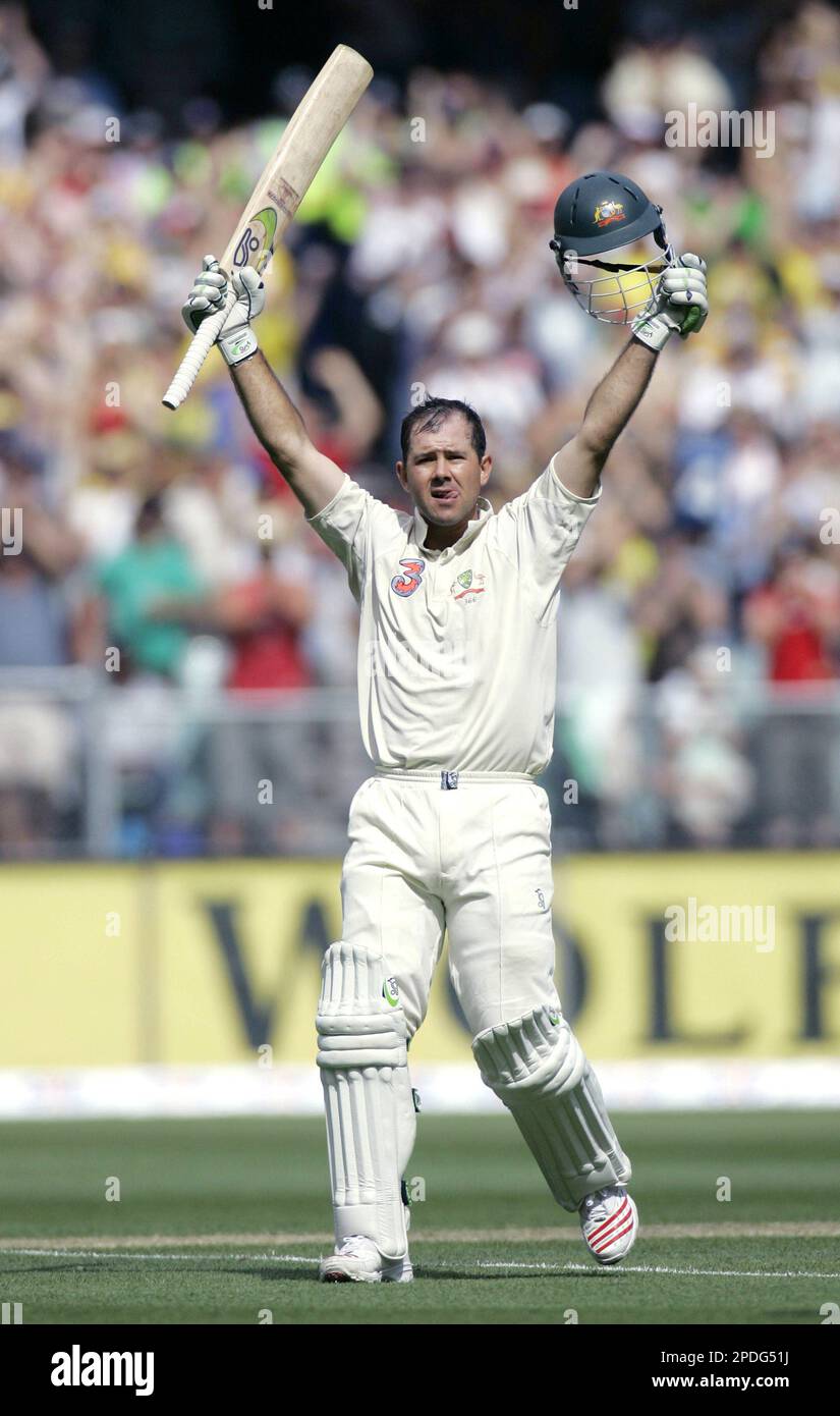 Australian captain Ricky Ponting celebrates his century during day one ...