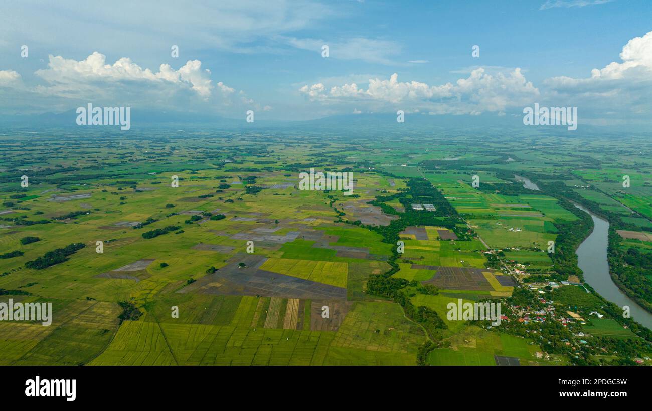 Aerial view of valley with river and farmland in the countryside ...