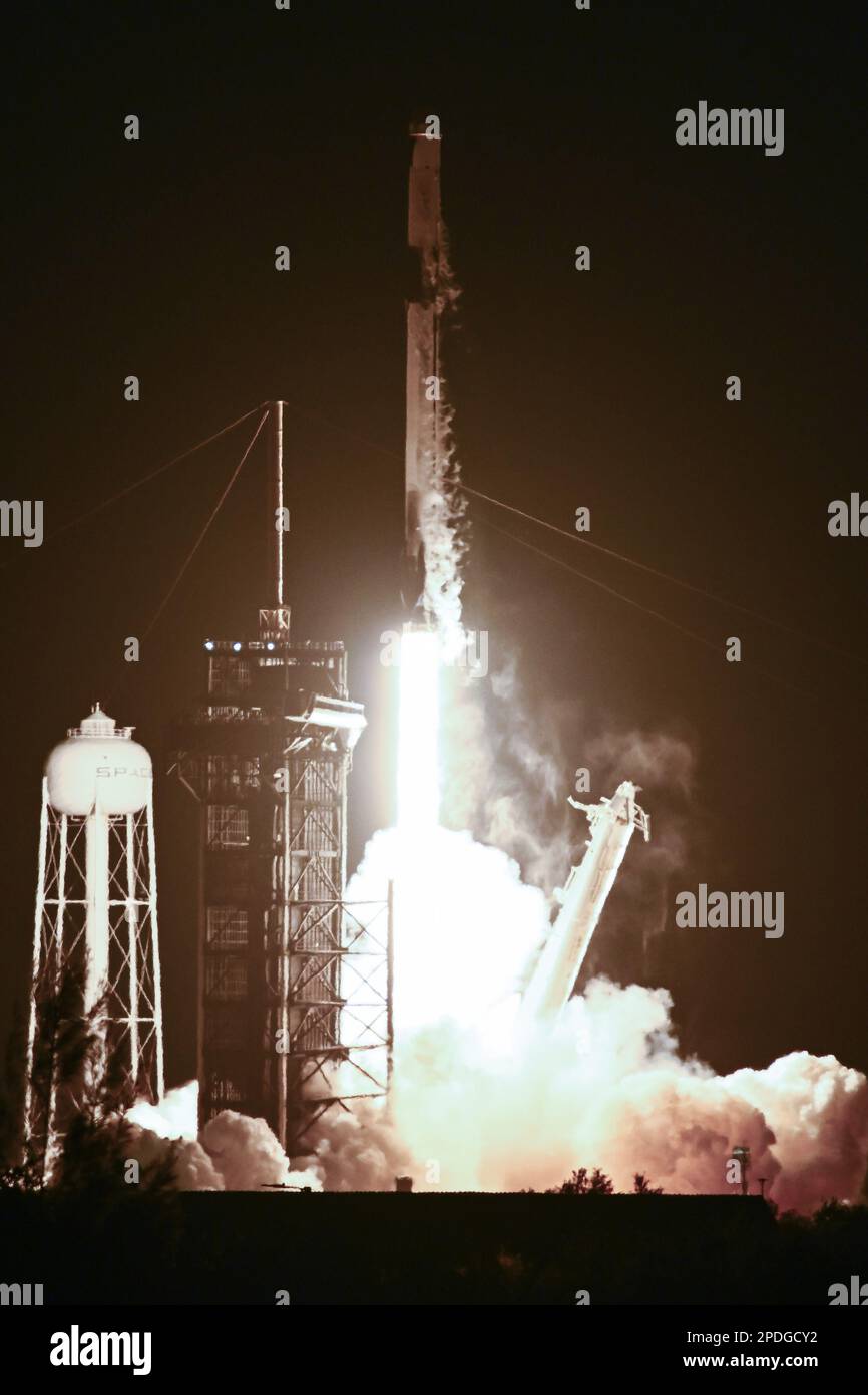 Florida, US, March 14, 2023. A SpaceX Falcon 9 rocket launches a Cargo ...