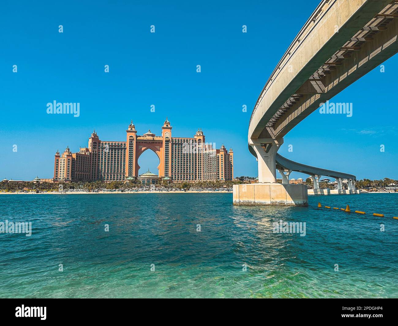 View from the promenade and tram monorail in The Palm Jumeirah island ...