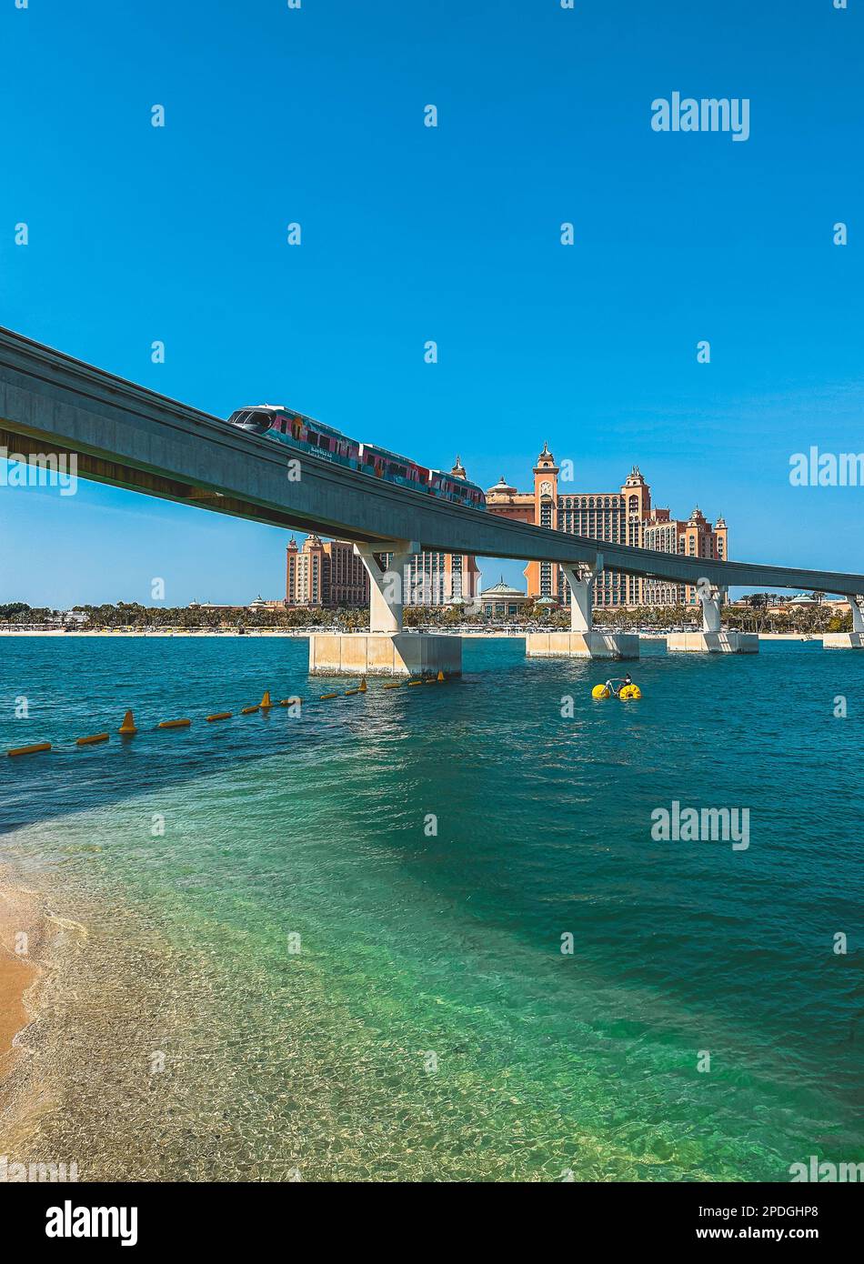 View from the promenade and tram monorail in The Palm Jumeirah island ...