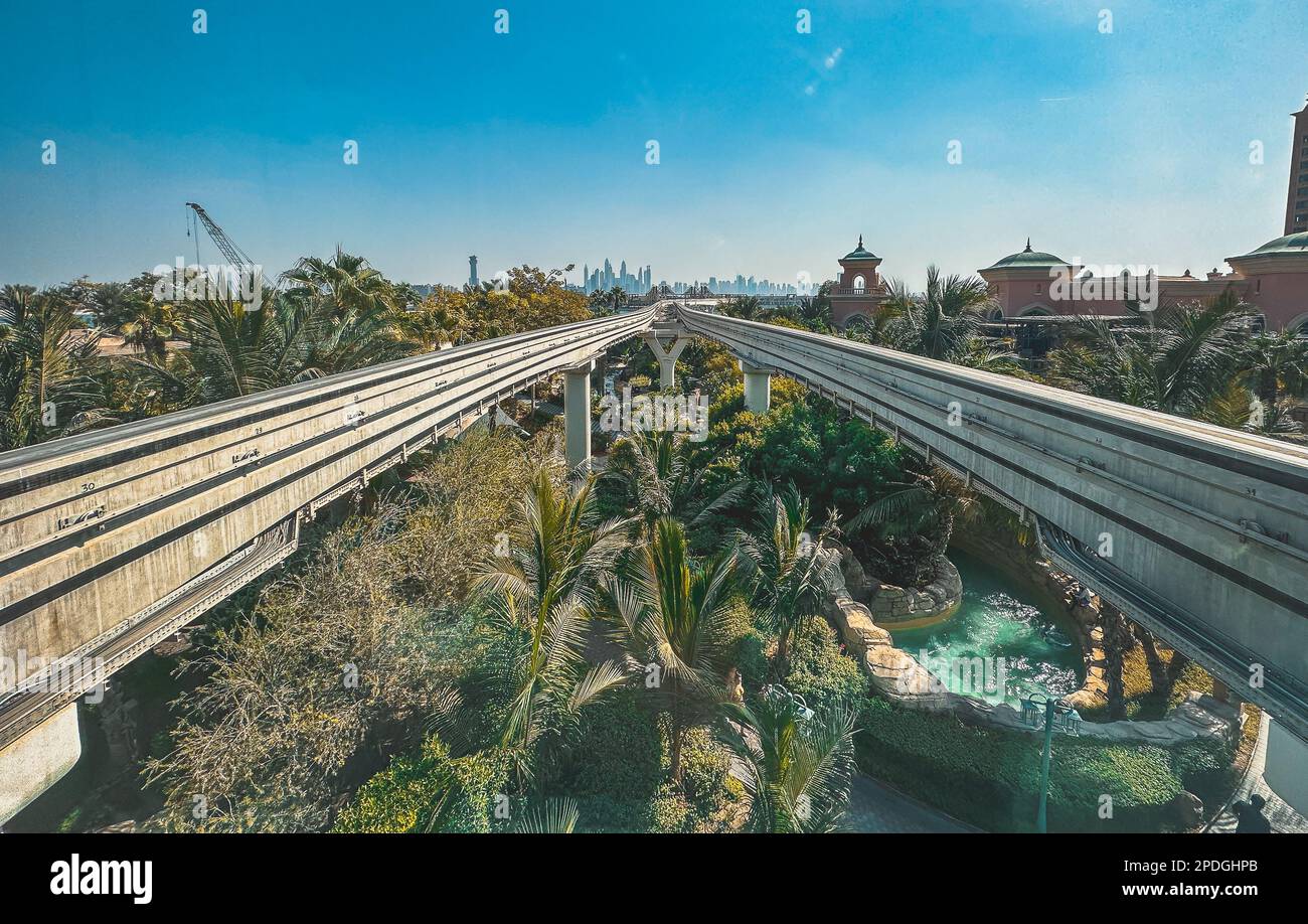 View from the promenade and tram monorail in The Palm Jumeirah island ...
