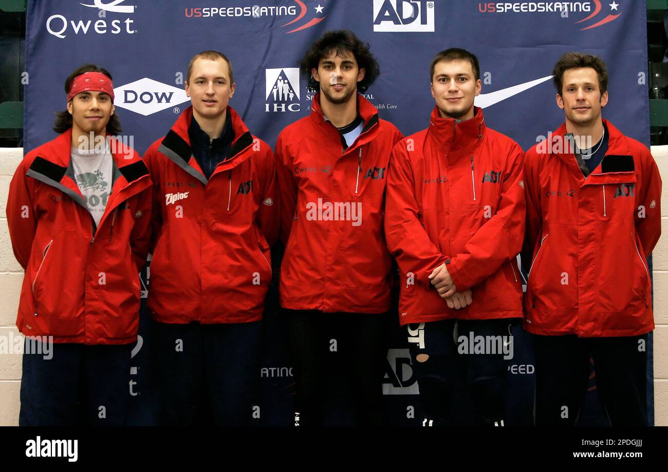 The U.S. Olympic men's short track speedskating team, from left, Apolo ...
