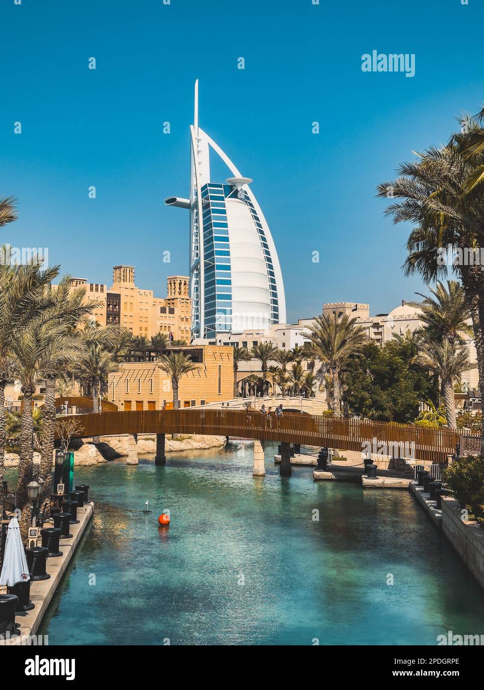 View of Burj Al Arab from Souk Madinat Jumeirah in Dubai, traditional ...