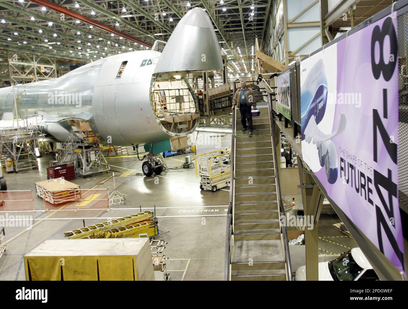 ** FILE ** A banner that reads "747-8, The Shape of the Future," hangs ...
