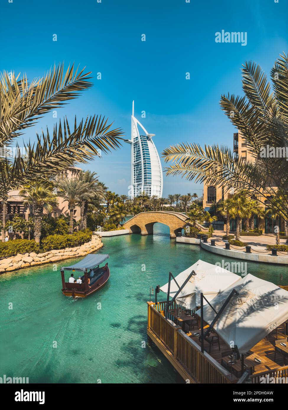 View of Burj Al Arab from Souk Madinat Jumeirah in Dubai, traditional arabian bazaar market, UAE ...