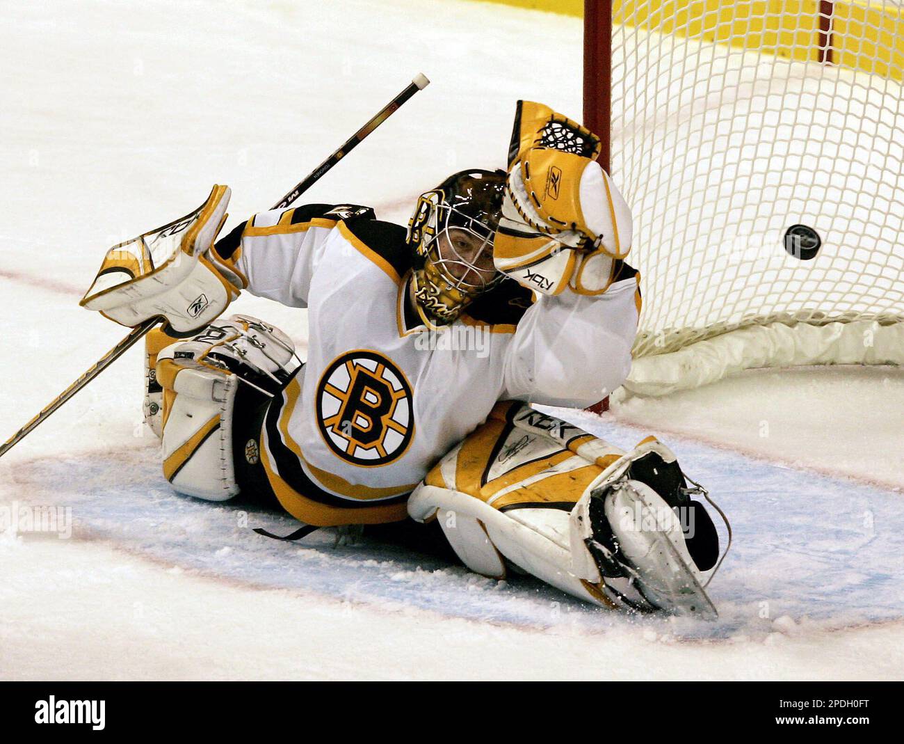 Boston Bruins goaltender Hannu Toivonen of Finland makes a save against ...