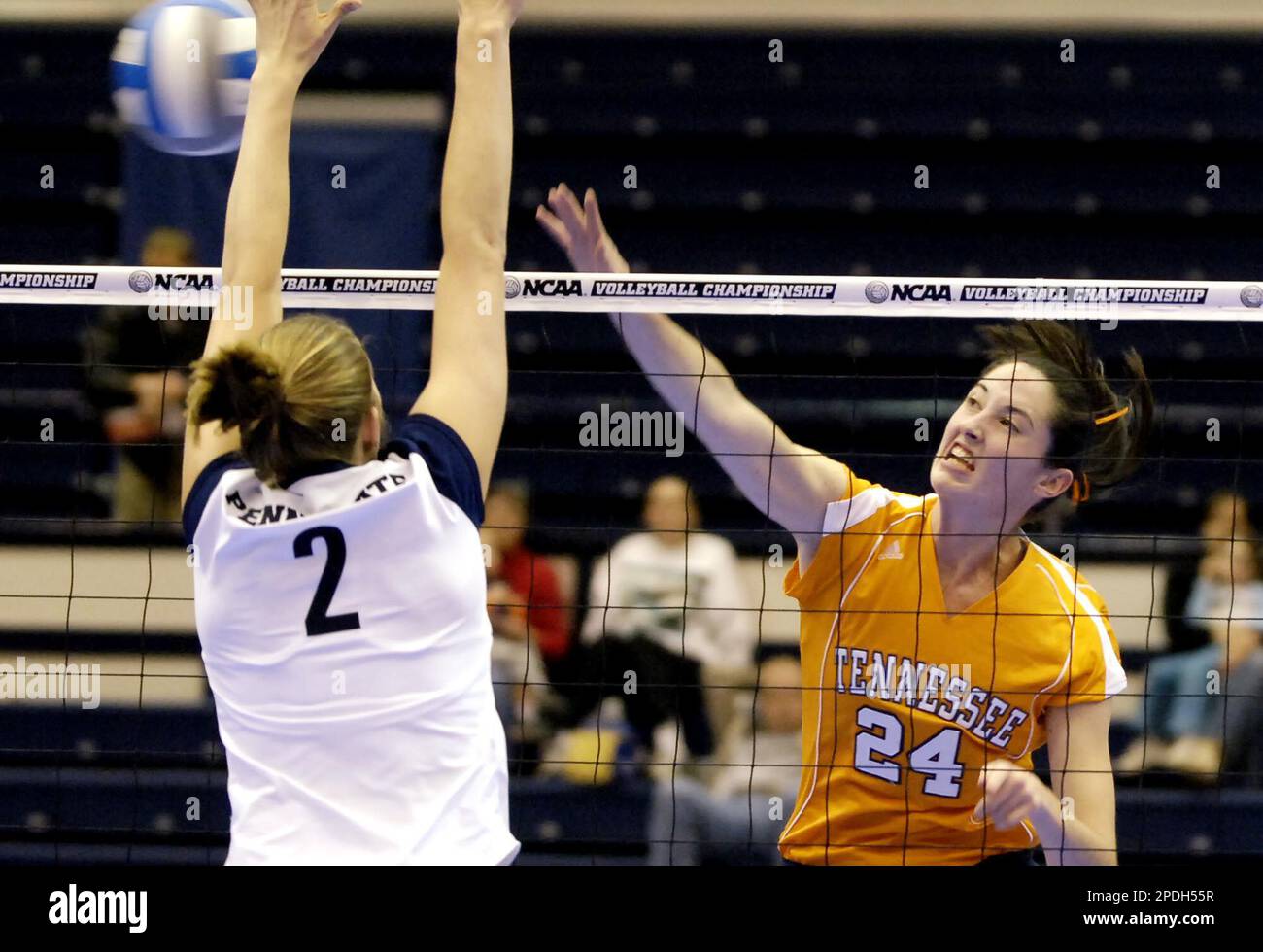 Tennessee's Sarah Blum (24) spikes a shot past Penn State's Melissa ...
