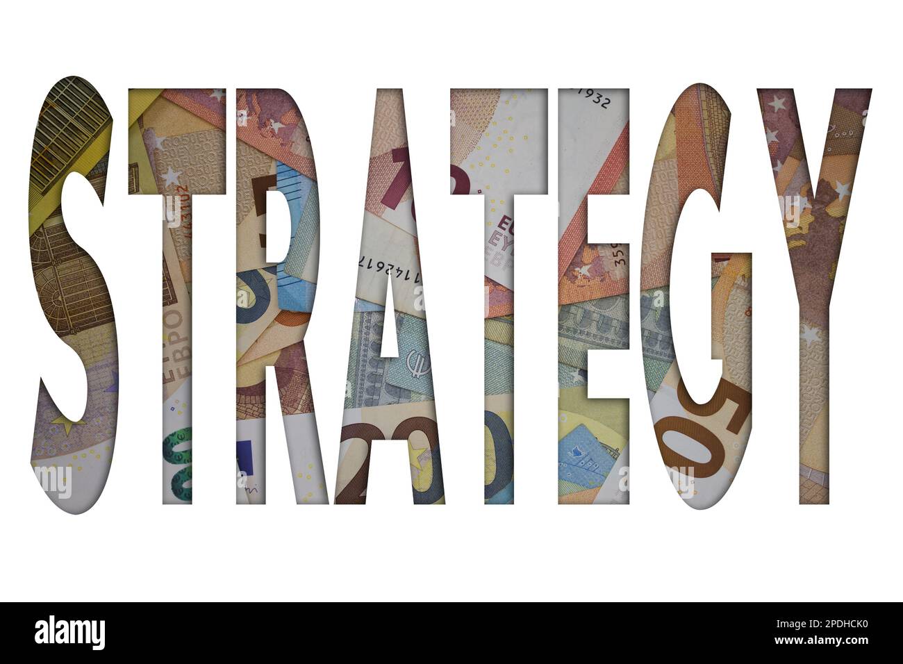 Strategy word with money. Paper currency background with different ...