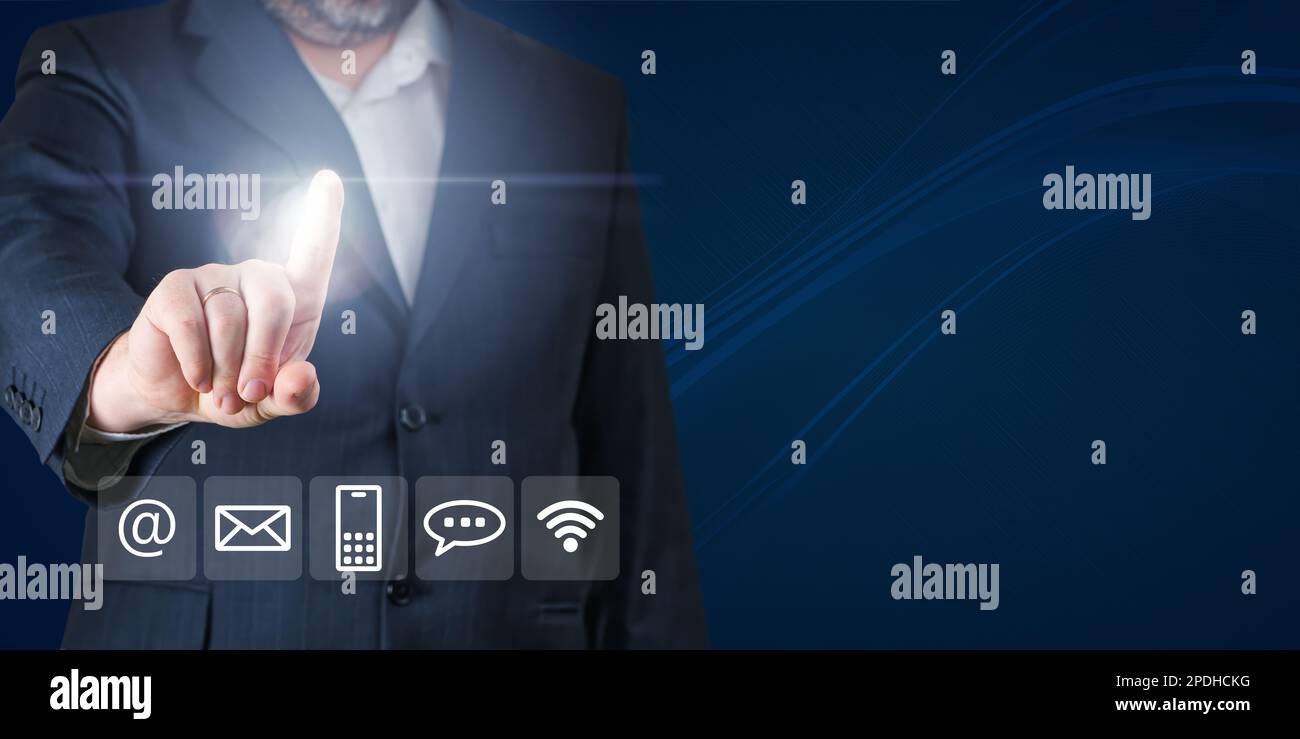 Businessman touching screen for contact us information. Contact us ...