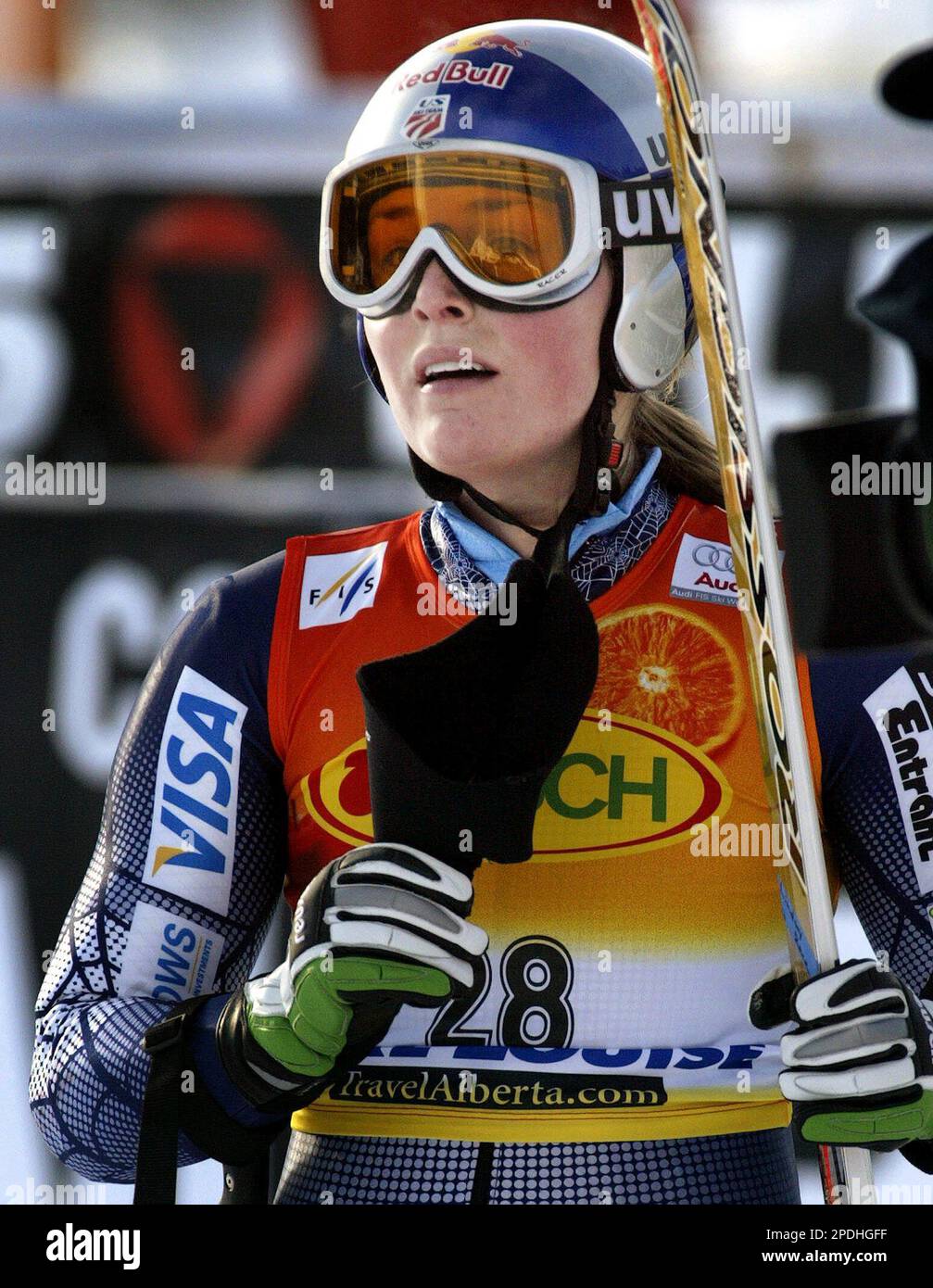 Lindsey Kildow, of the United States, reacts to her sixth place finish ...