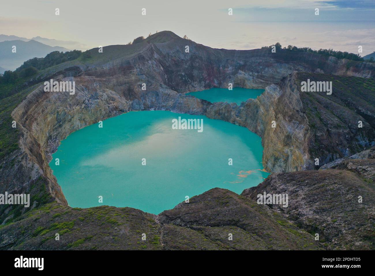 Panoramic view over the volcano Mount Kelimutu in Ende on Flores with ...