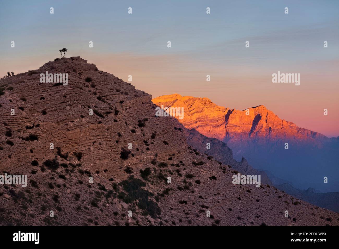 Sunset in the Western Hajar mountains, Wadi Ban Auf, Ash Sharaf, Oman ...