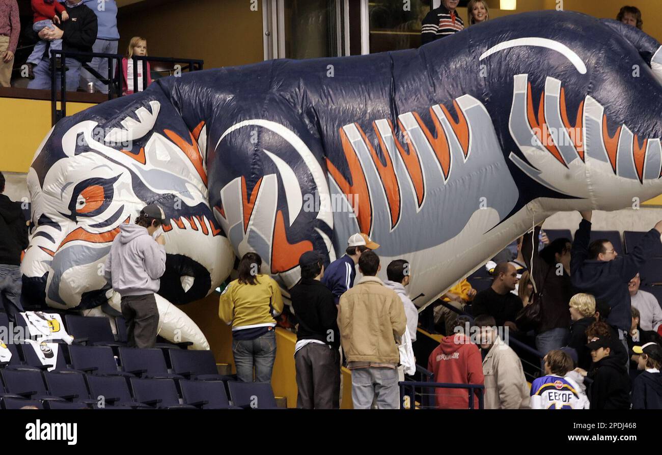 The Nashville Predators' flying tiger blimp winds up in the stands ...