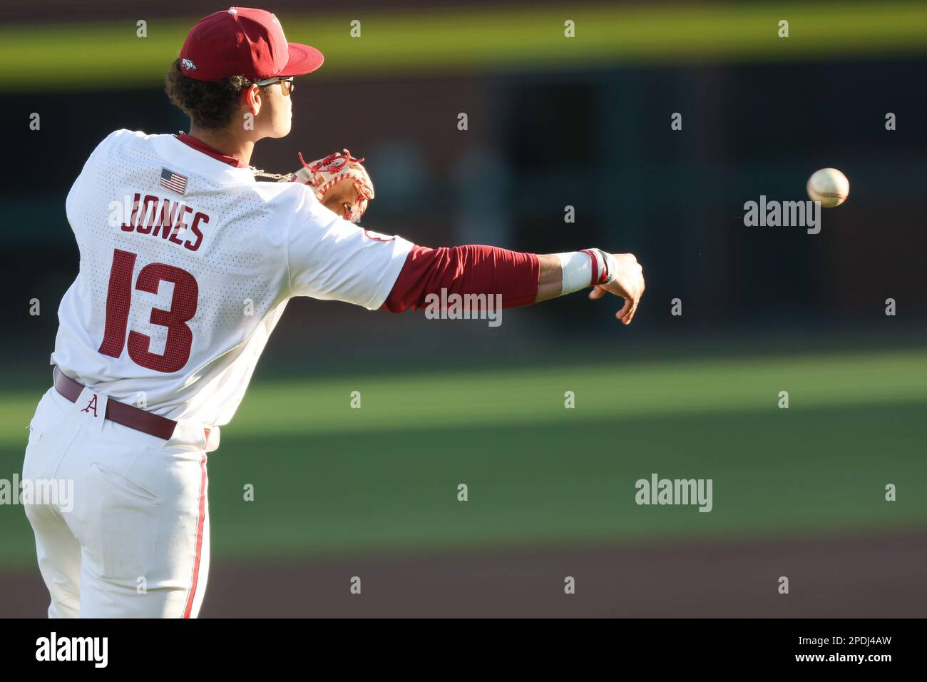 First. 14th Mar, 2023. Jayson Jones #13 Razorback infielder makes a ...