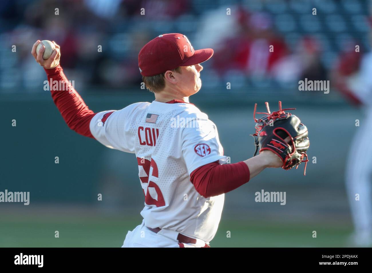 March 14, 2023: Razorback pitcher Parker Coil #36 prepares to deliver a ...