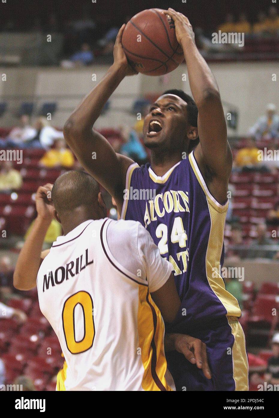 Alcorn State guard Delvin Thompson, right, collides with Arizona State ...