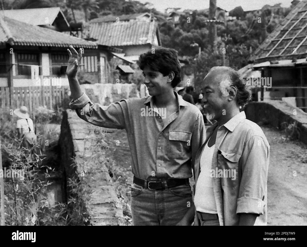 **FILE** Actor Ralph Macchio, left, waves as actor Pat Morita looks on ...