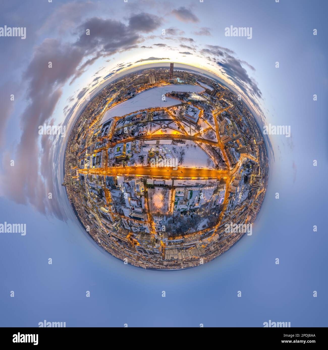 Aerial winter city view, Little planet sphere mode. Yekaterinburg city ...