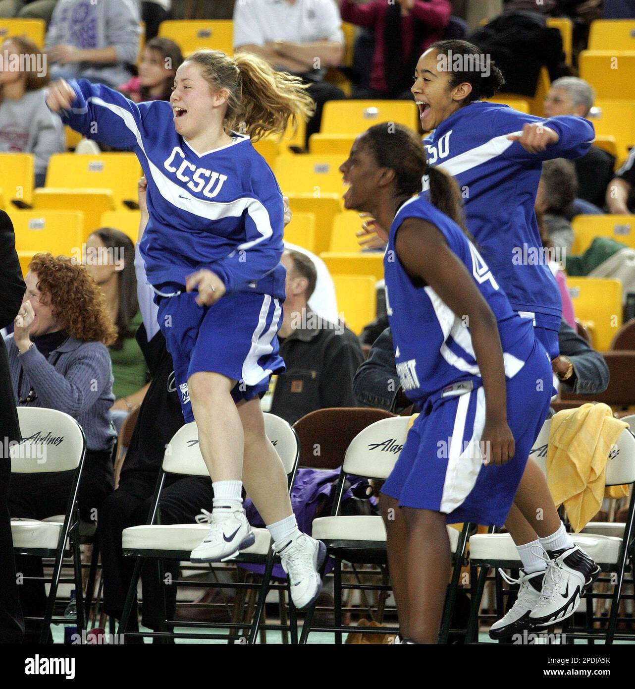 Central Connecticut State's Amanda Sheridan, left, Kim Boone, center ...