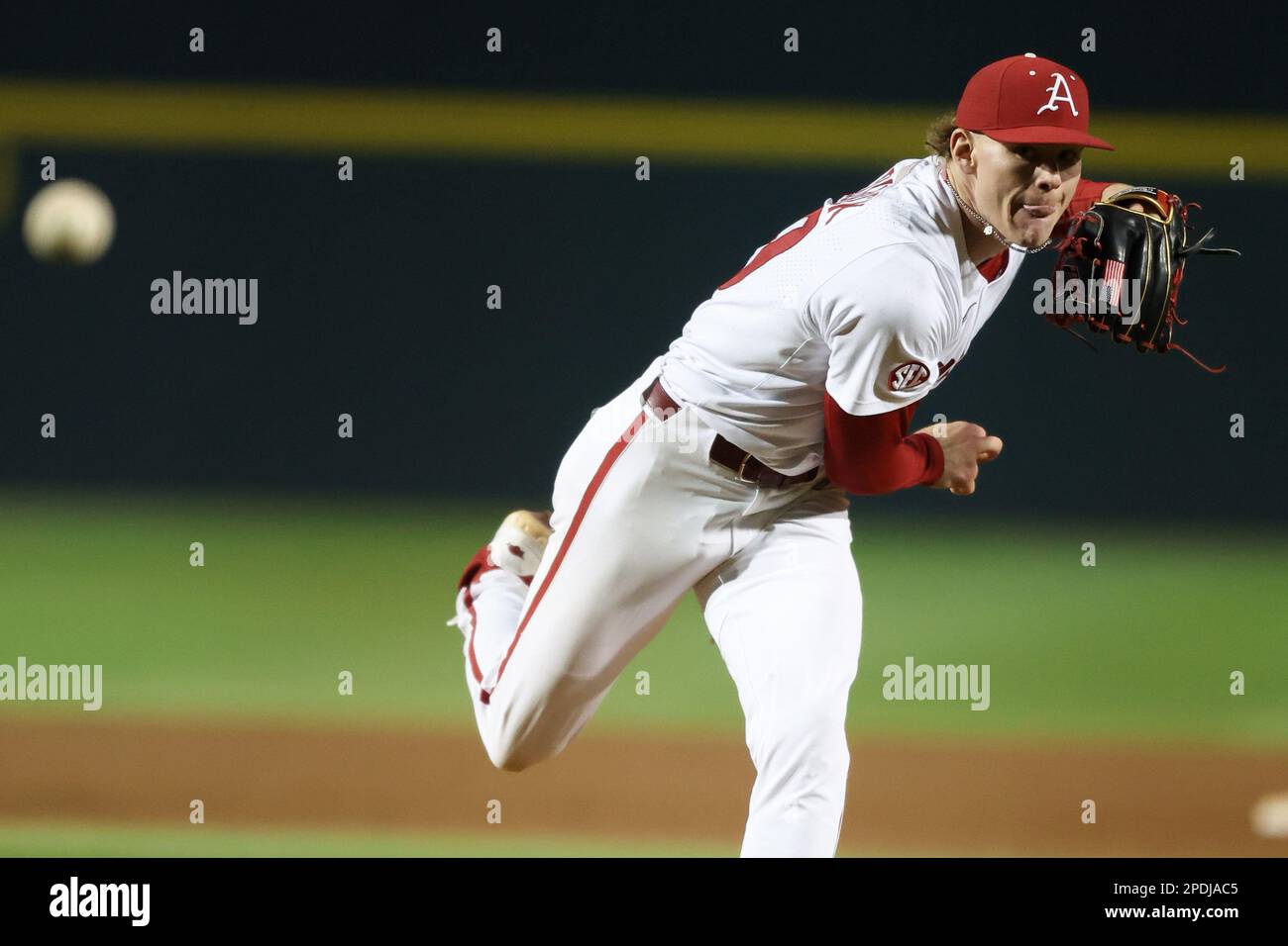 The Batter. 14th Mar, 2023. Cody Adcock #49 Razorback pitcher watches a ...