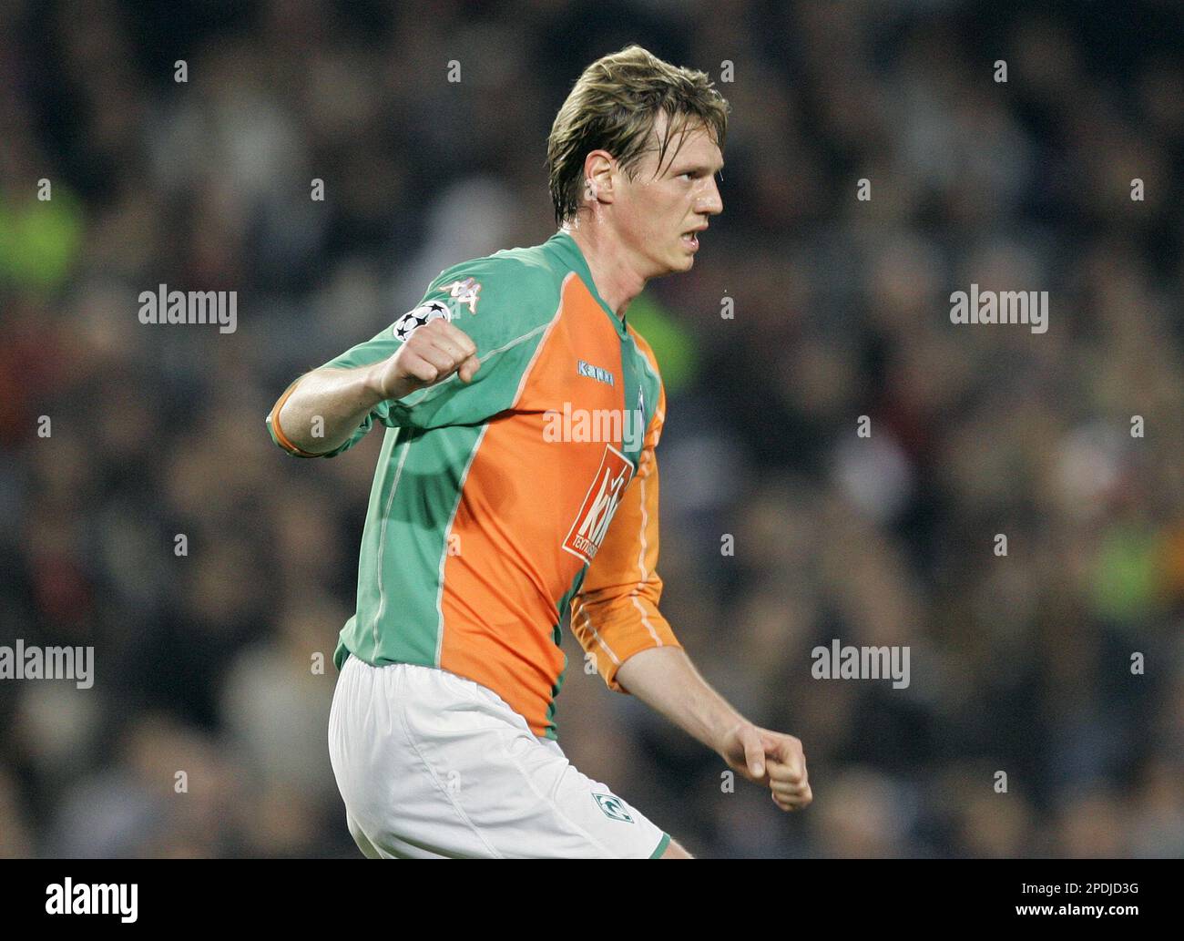 Werder Bremen player Tim Borowski from Germany reacts after he scored a ...