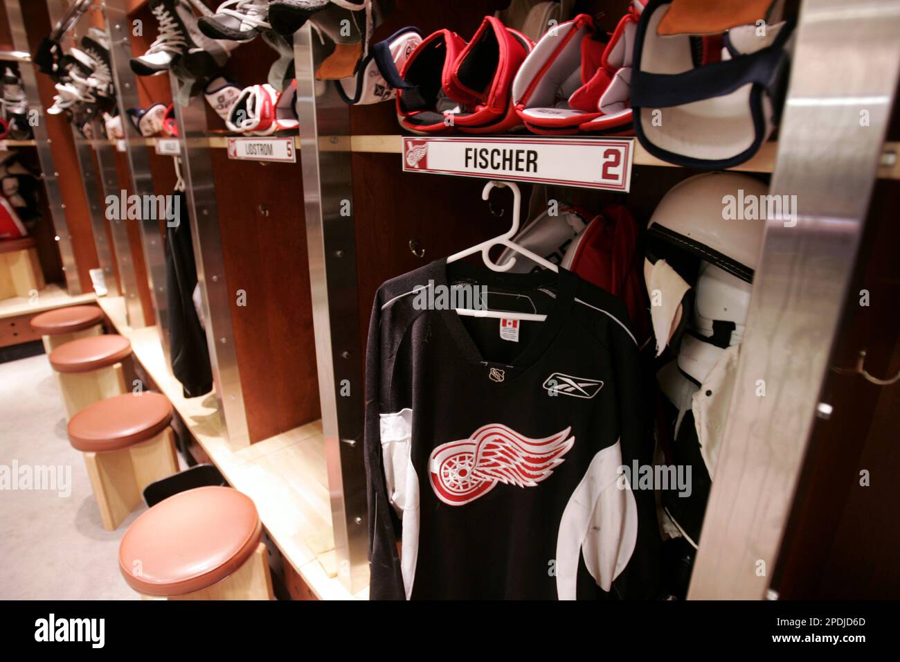Detroit Red Wings defenseman Jiri Fischer's dressing area is shown in ...