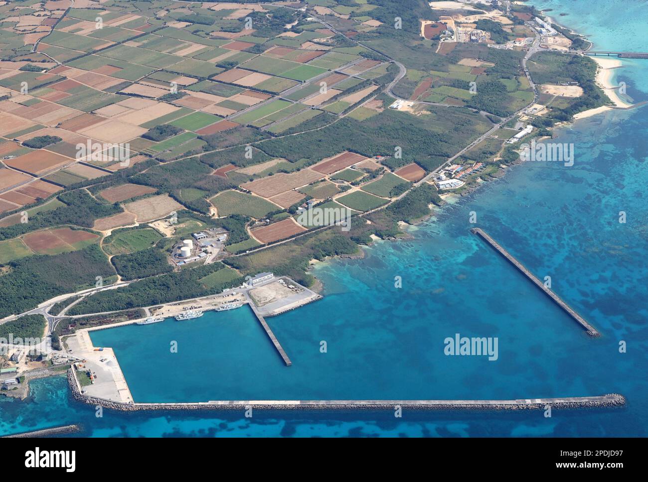 An aerial photo shows Nagayama Port in Miyako City, Okinawa Prefecture ...